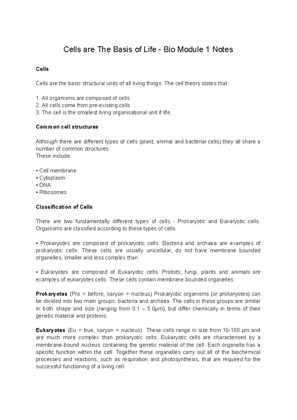 Bio 101: Cells as the Foundation of Life - Module 1 Study Notes - Studocu