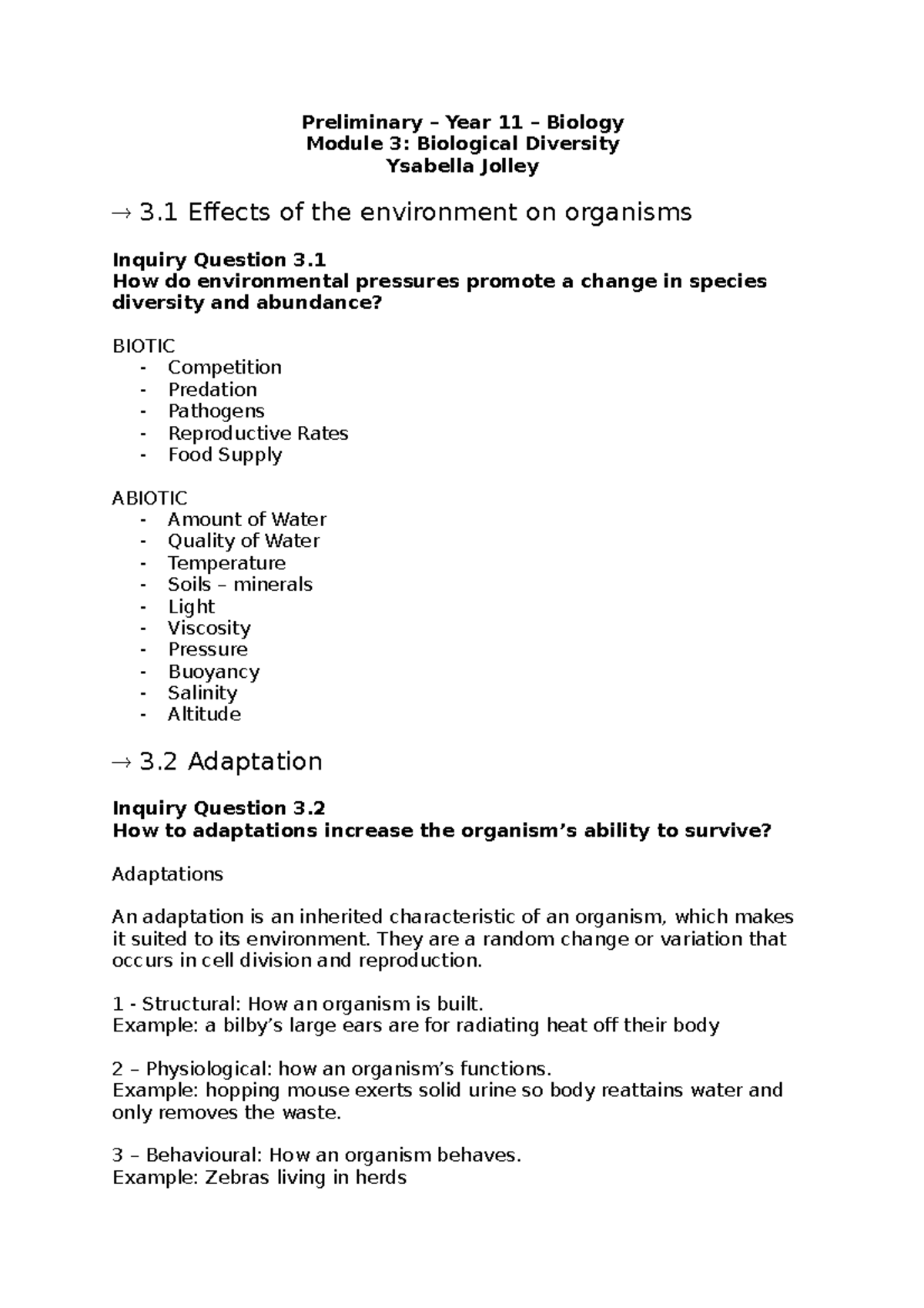 Year 11 Biology Module 3: Biological Diversity Insights and Adaptations ...