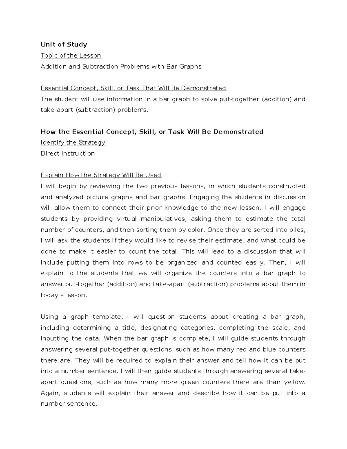 SOM2 Task 2 - Addition & Subtraction with Bar Graphs Lesson Plan - Studocu