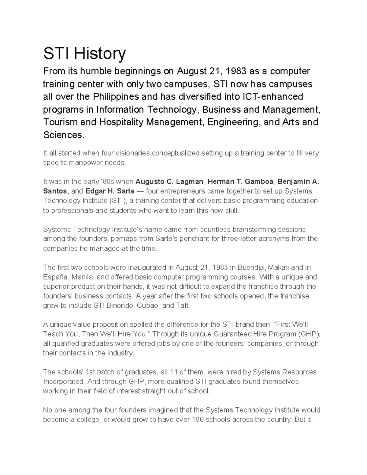 STI History Overview: From Training Center to Leading College - Studocu