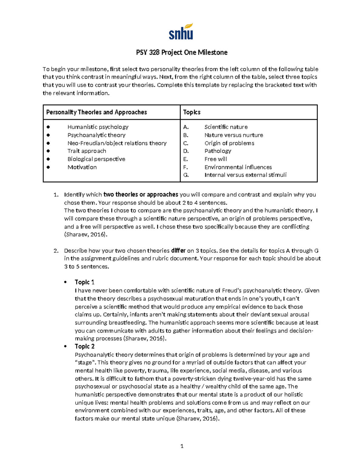 PSY 328 Project One Milestone: Contrasting Personality Theories - Studocu