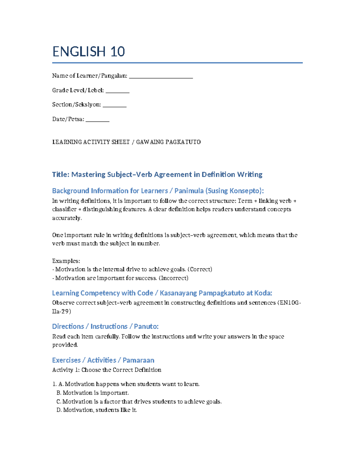 ENGLISH 10 Learning Activity Sheet: Mastering Definition Writing - Studocu