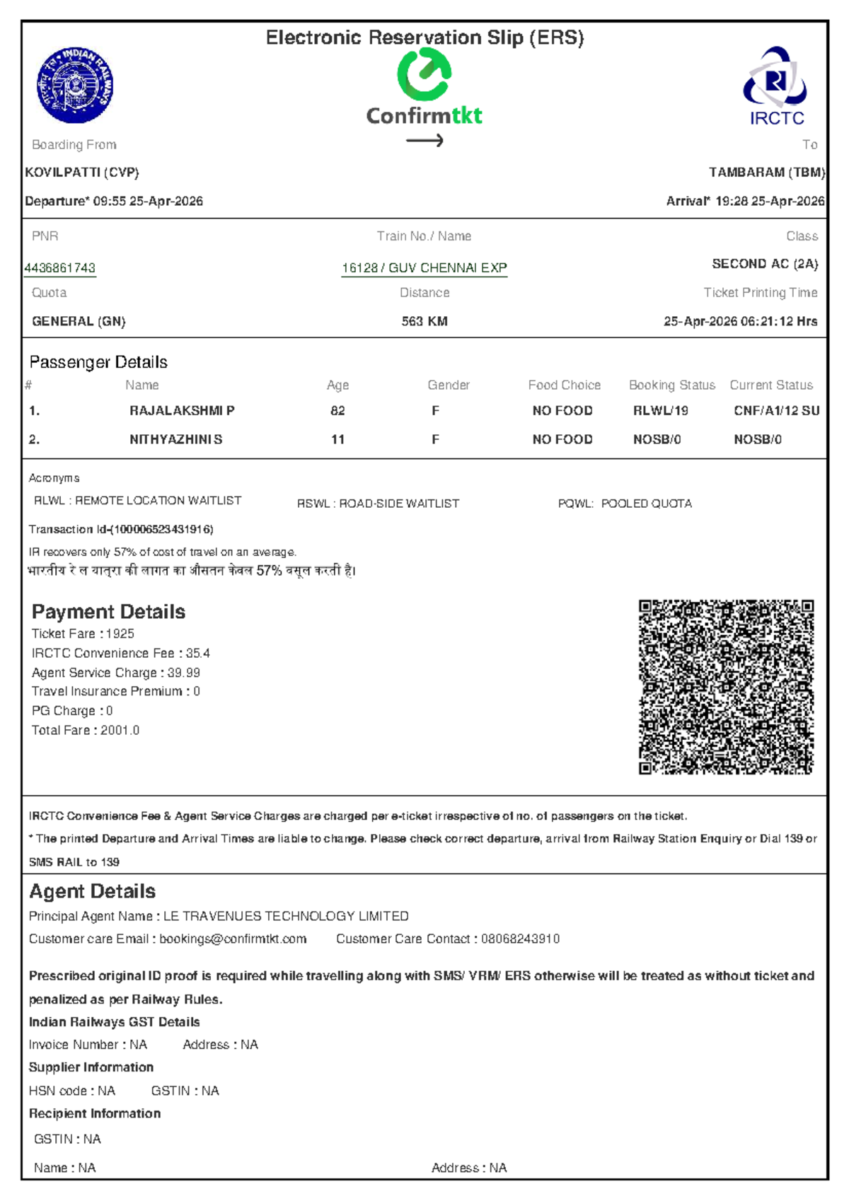 ERS Ticket Details: KOVILPATTI to TAMBARAM (16128) - Studocu