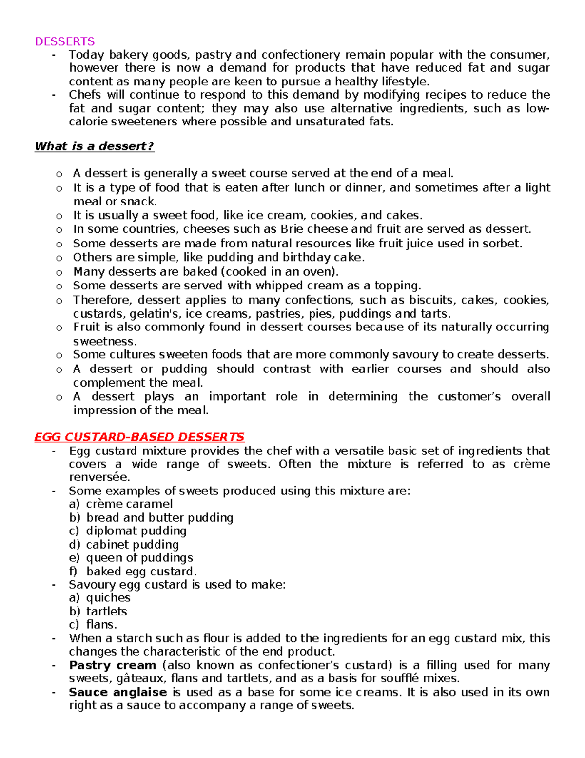 DESSERTS NOTES: Understanding Bakery Goods and Egg Desserts - Studocu