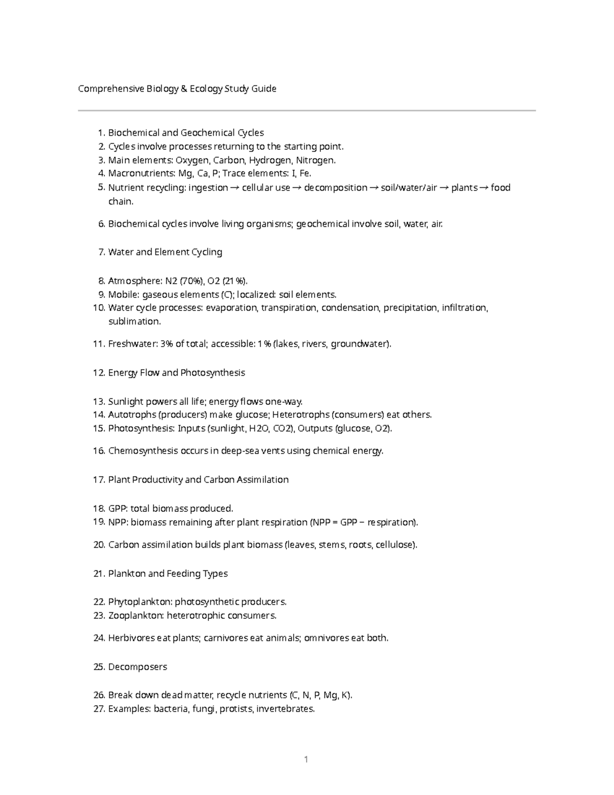 Comprehensive Biology & Ecology Study Guide (BIO 101): Cycles & Energy ...