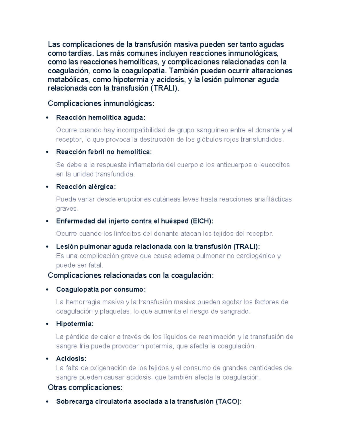 Las complicaciones de la transfusión masiva pueden ser tanto agudas ...