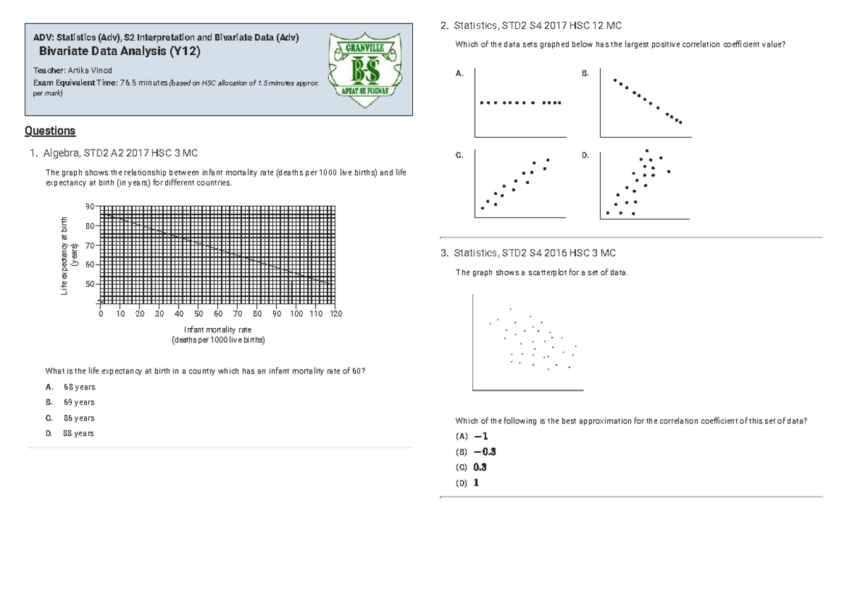 Bivariate Data Analysis Worksheet HSC: Statistics (Adv) Insights - Studocu
