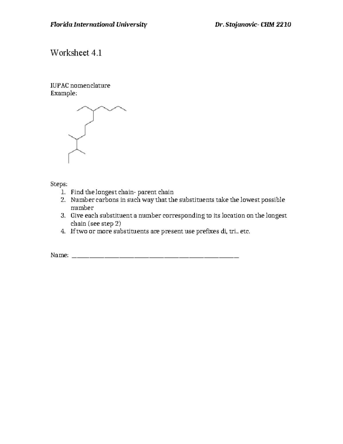 CHM 2210 Worksheet 4.1: IUPAC Nomenclature Practice - Studocu