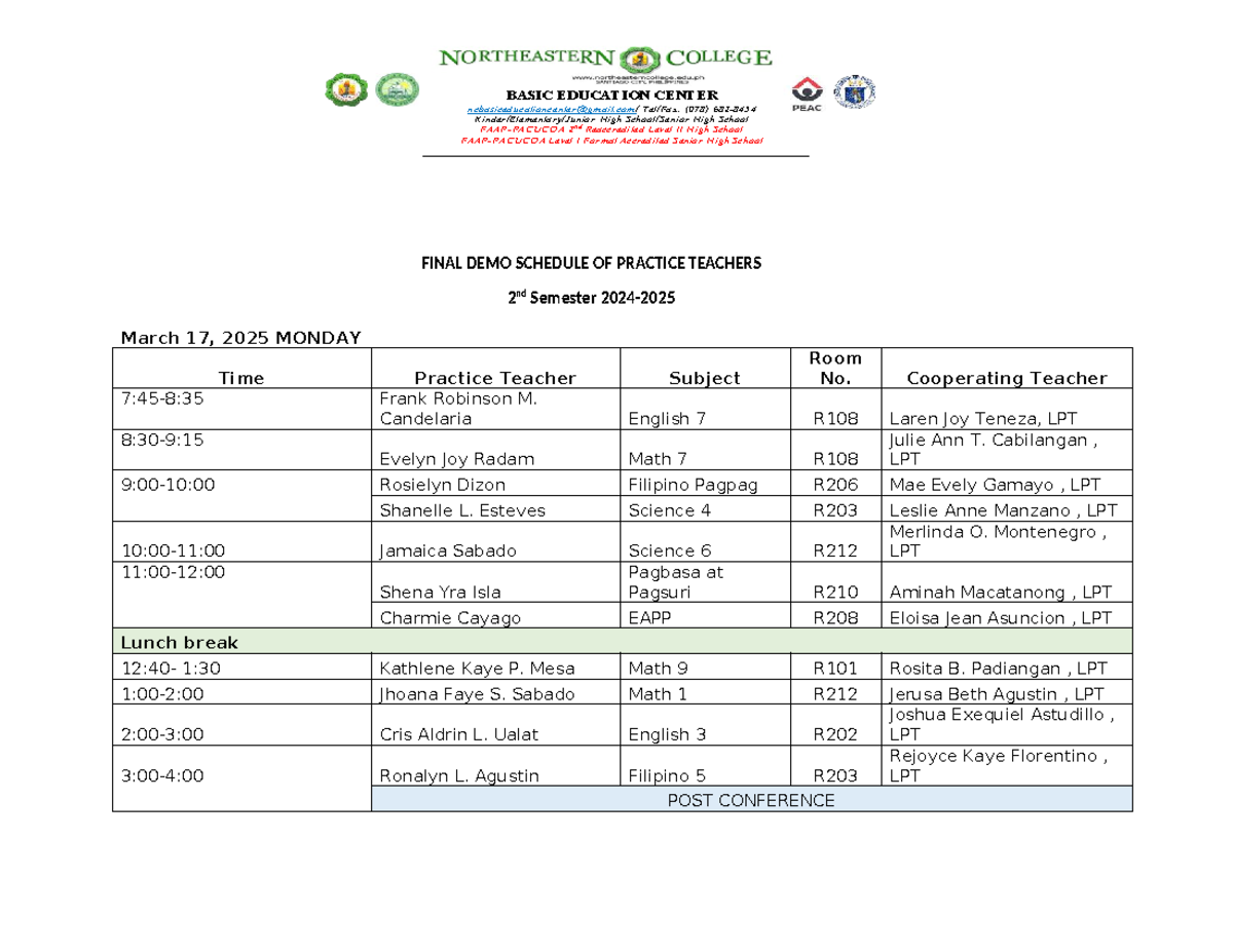 Northeastern College Basic Education Center DEMO Final Schedule 2024 ...