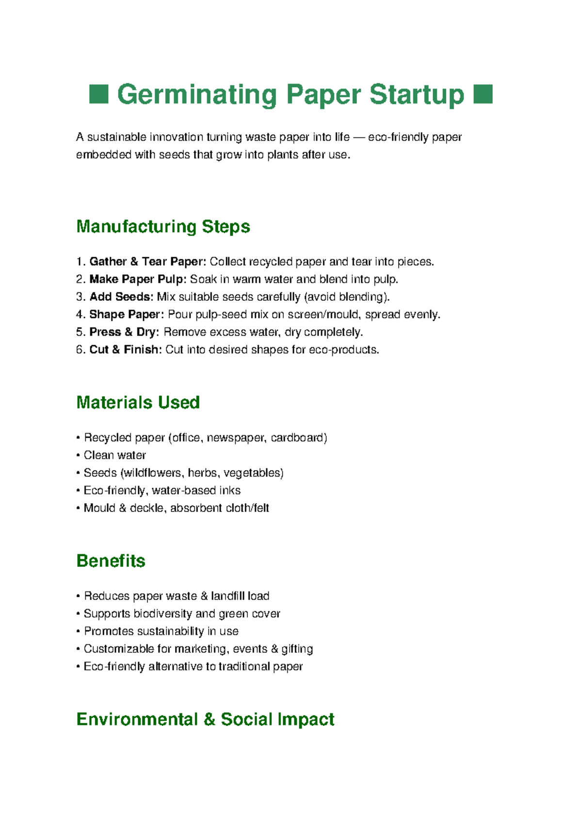 Germinating Paper Startup: Sustainable Innovation Presentation - Studocu