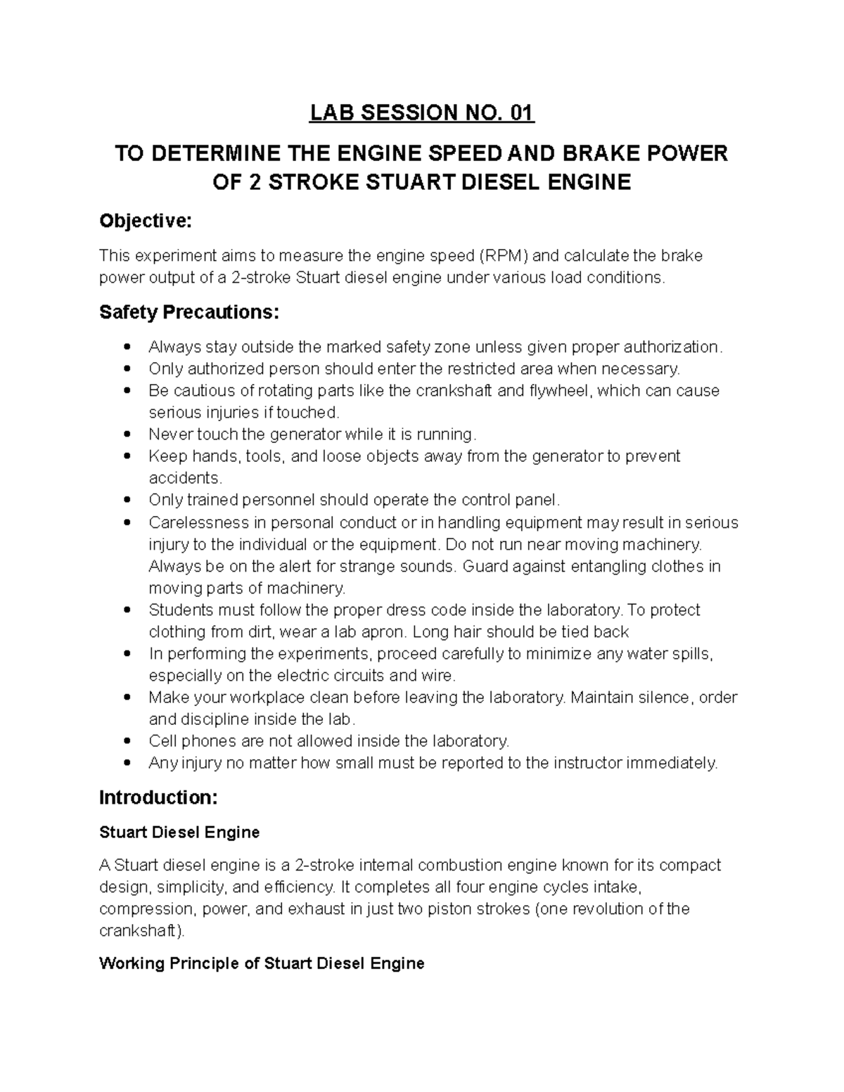 Lab session 01: Measuring engine speed and brake power of Stuart diesel ...