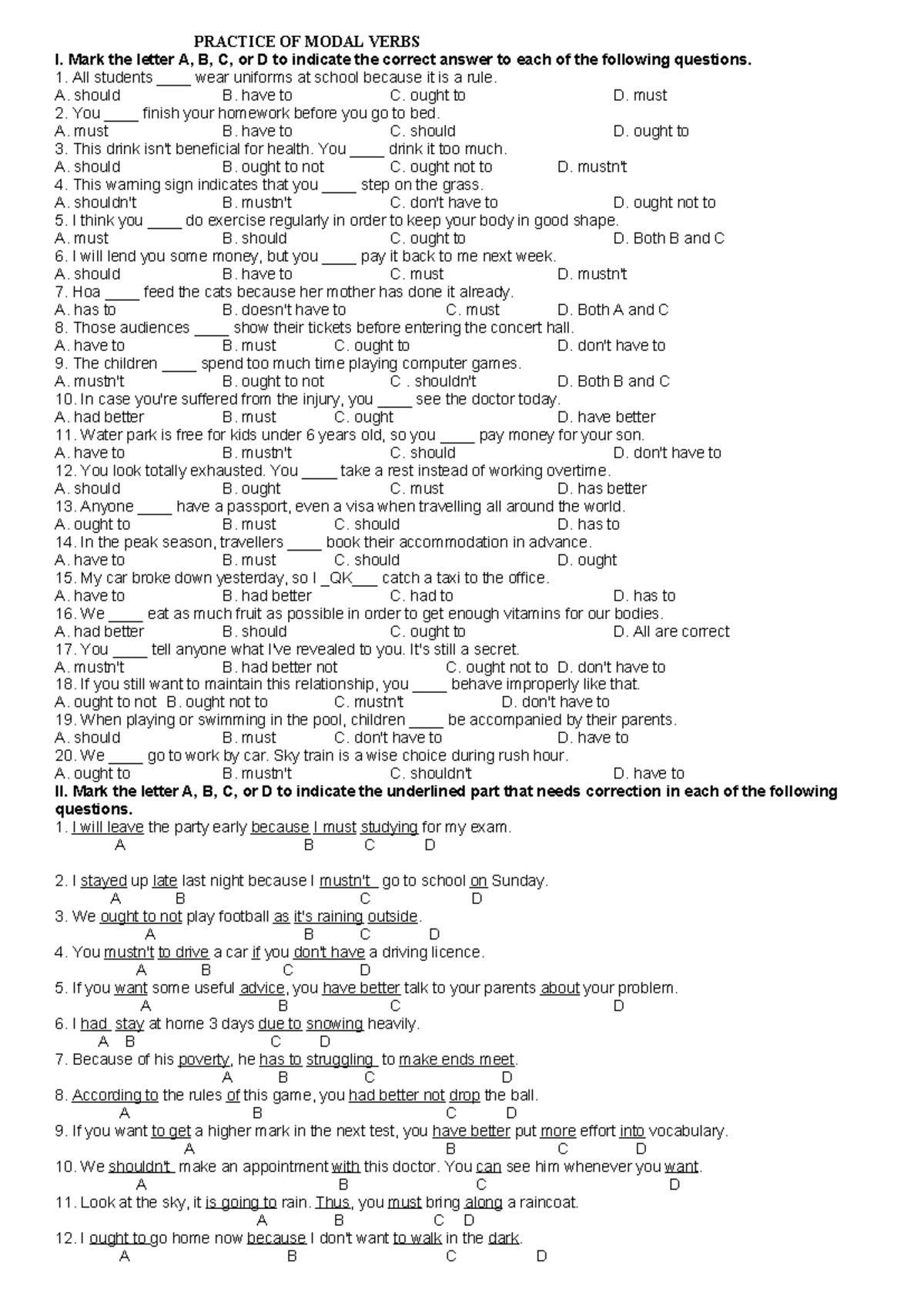 Practice of Modal Verbs I: Multiple Choice Questions - Studocu