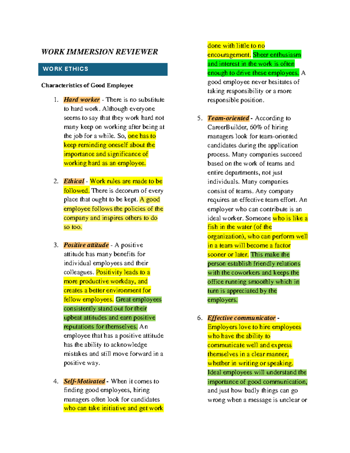 WORK IMMERSION REVIEWER: Characteristics of a Good Employee - Studocu