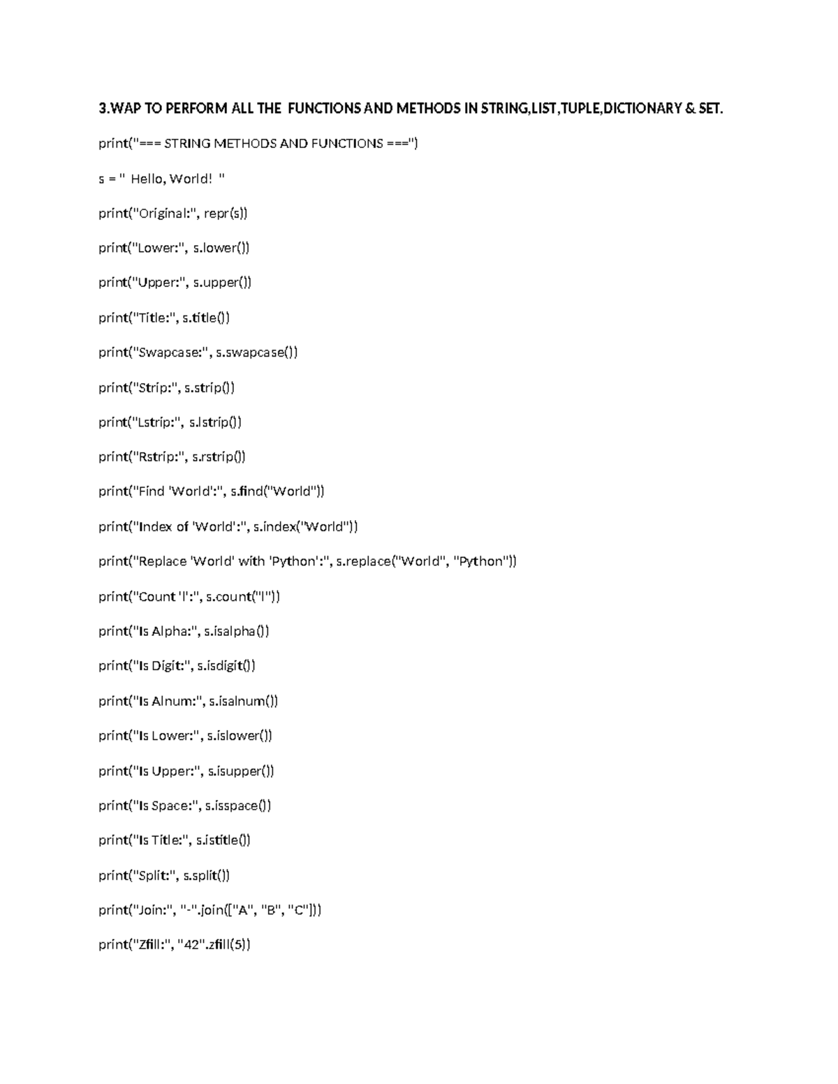 3. WAP: Functions & Methods in String, List, Tuple, Dict, Set - Studocu