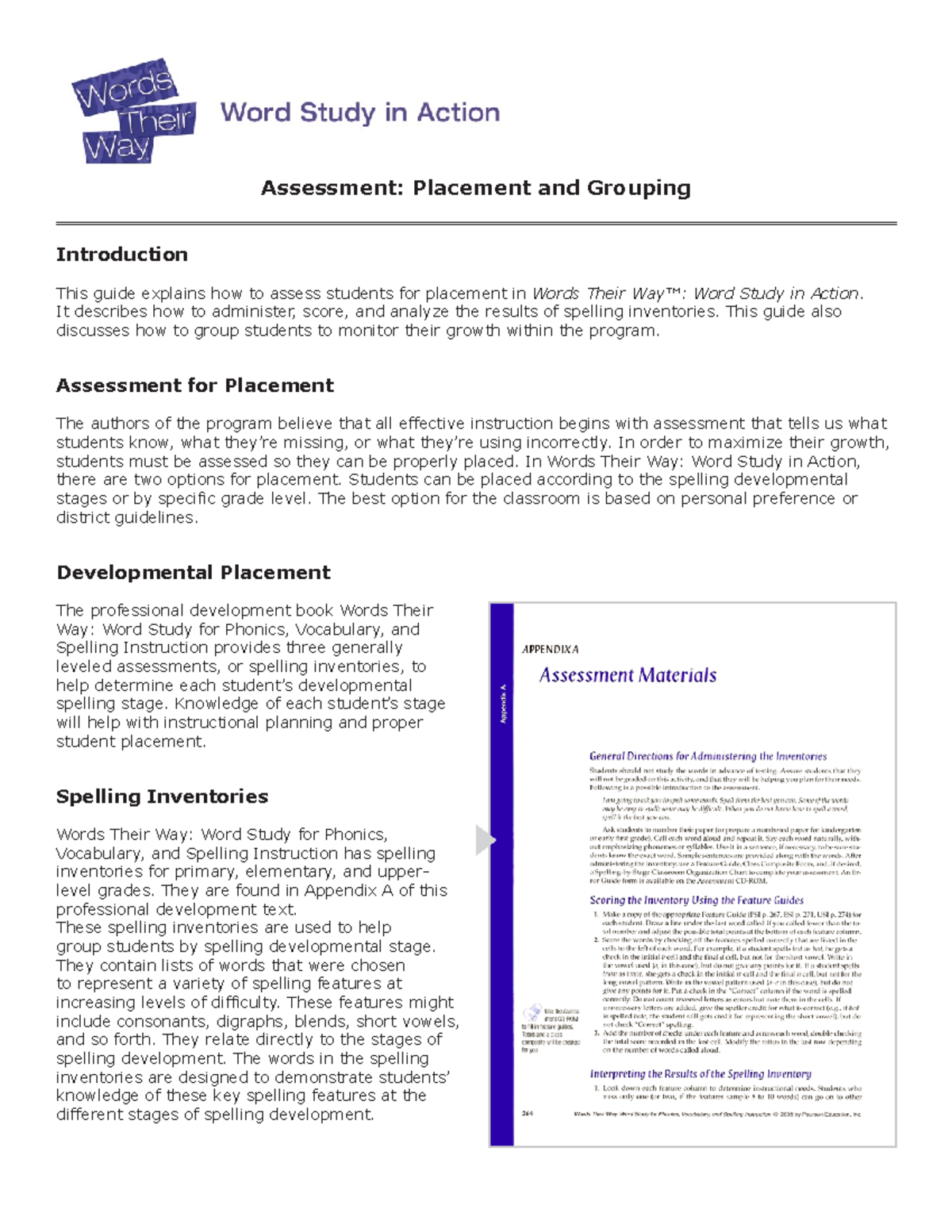 Words Their Way Assessment Guide for Student Placement and Grouping ...