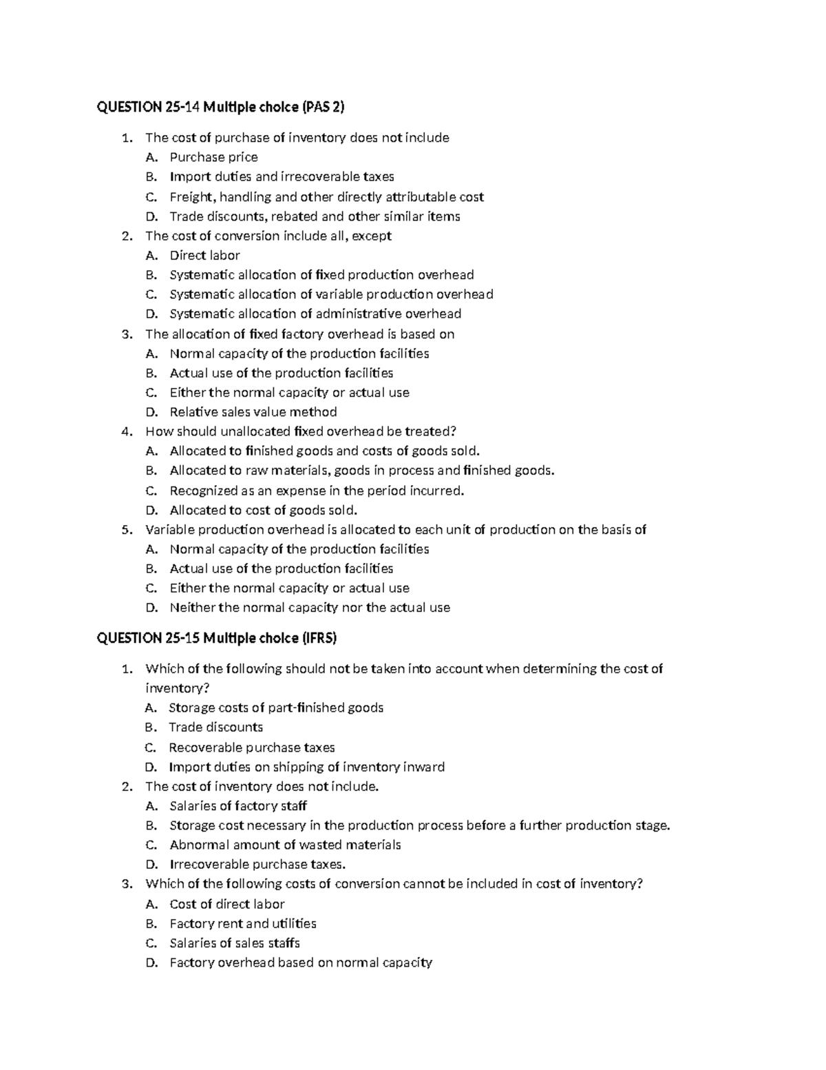 PAS 2 and IFRS Inventory Multiple Choice Questions and Answers - Studocu