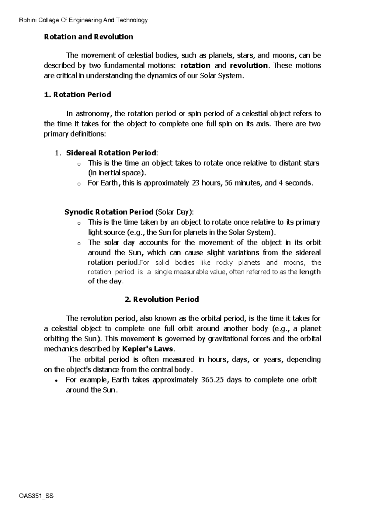 OAS351_SS Rotation and Revolution of Celestial Bodies - Studocu