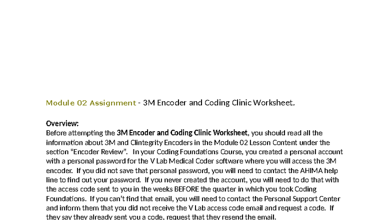 Module 02 Assignment: 3M Encoder & Coding Clinic Worksheet - Studocu