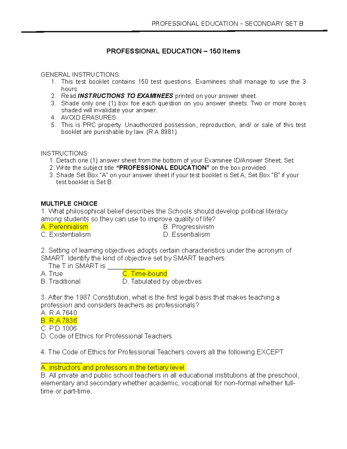 Professional Education Test: Set B - 150 Item Exam Guide 2020 - Studocu