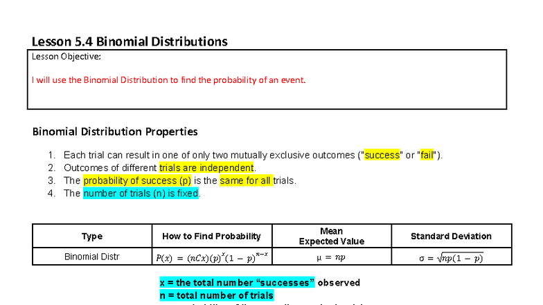 Lesson 5.4 - Binomial Distribution Probability Analysis - Studocu