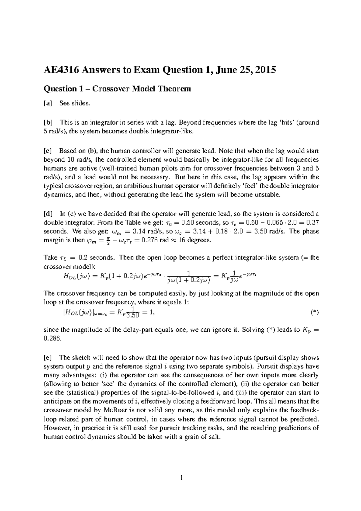 AE4316 Final Exam Answers - Crossover Model Analysis (June 2015 ...