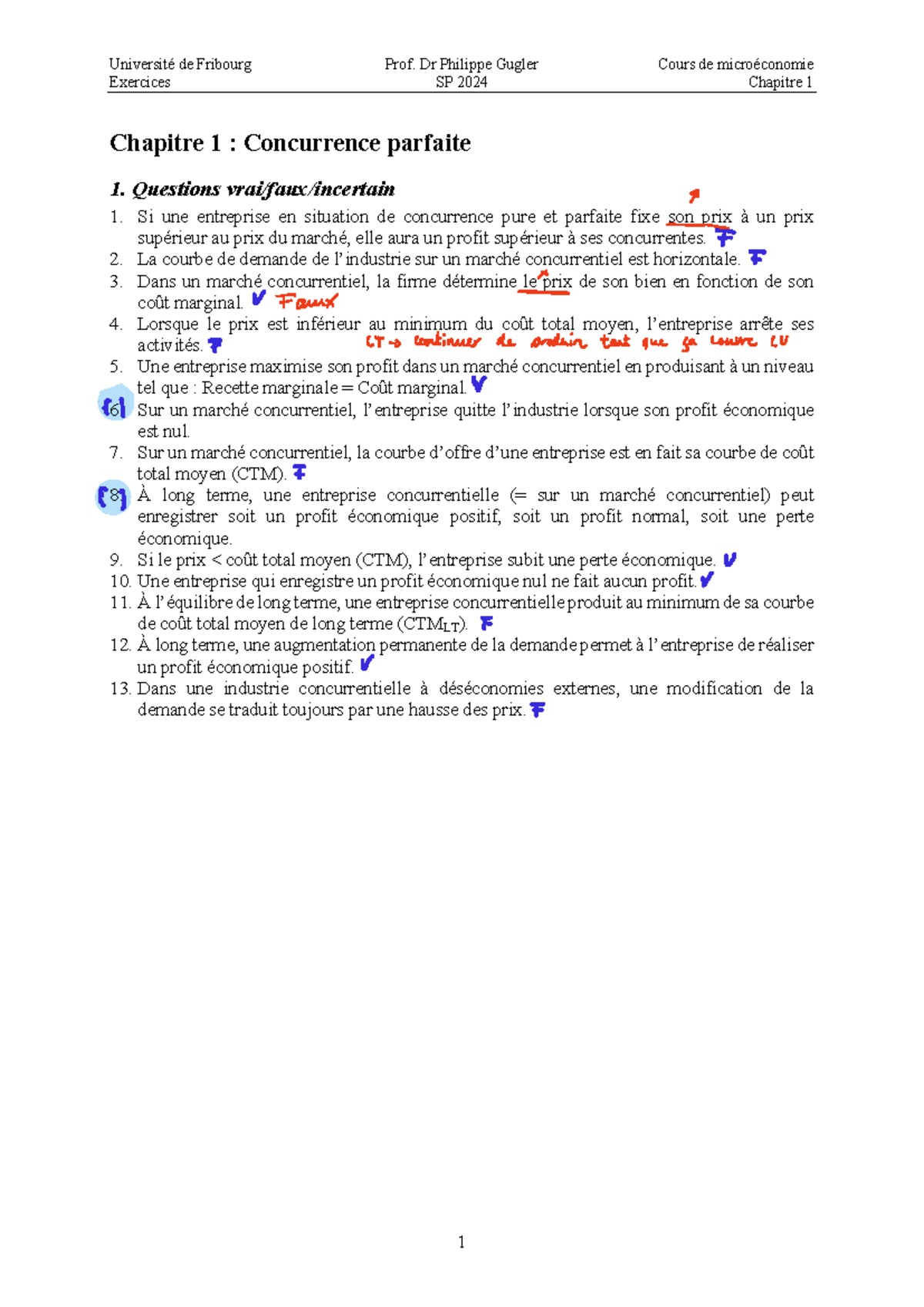 Exercices de Microéconomie SP 2024 - Chapitre 1 : Concurrence Parfaite ...