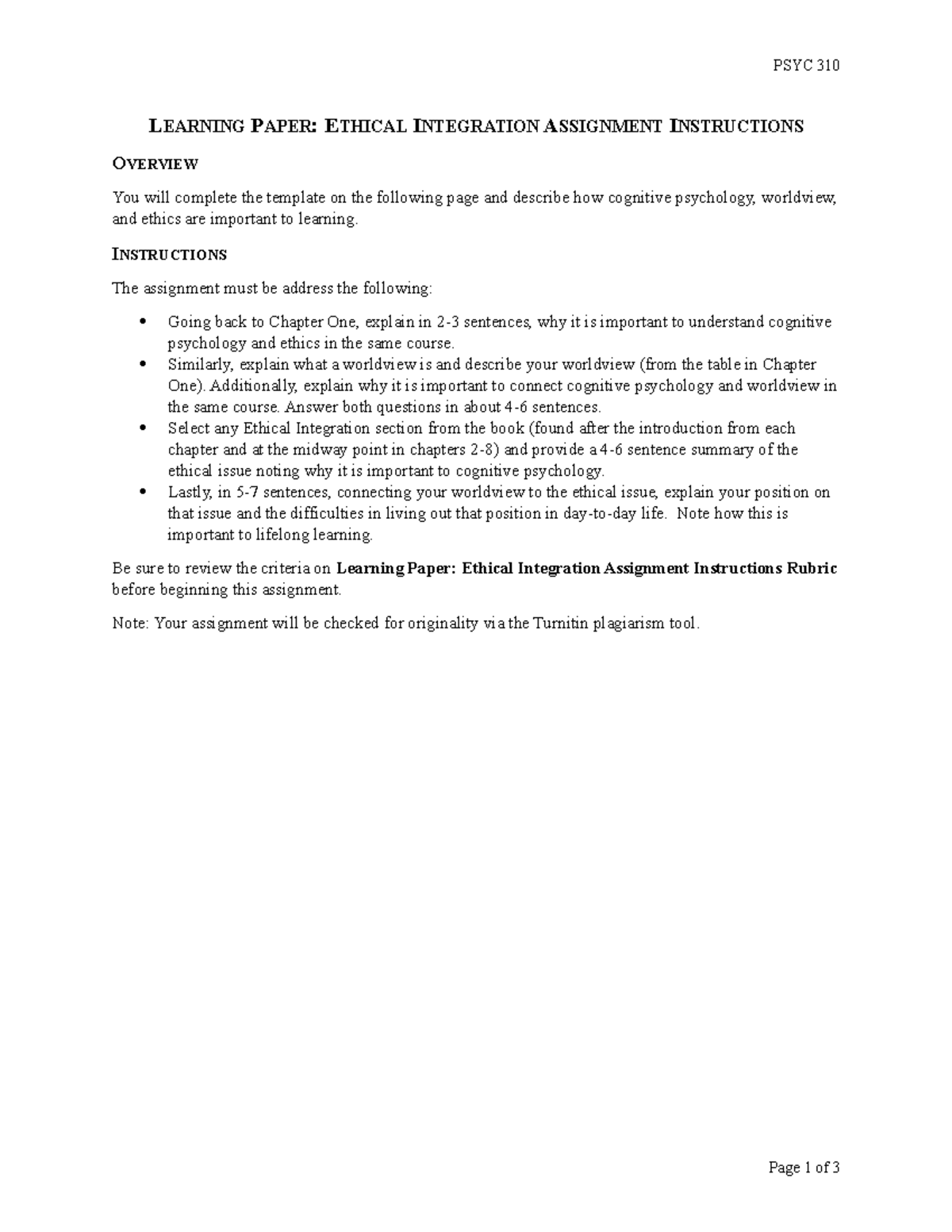 PSYC 310 Learning Paper: Ethical Integration Assignment Guide - Studocu