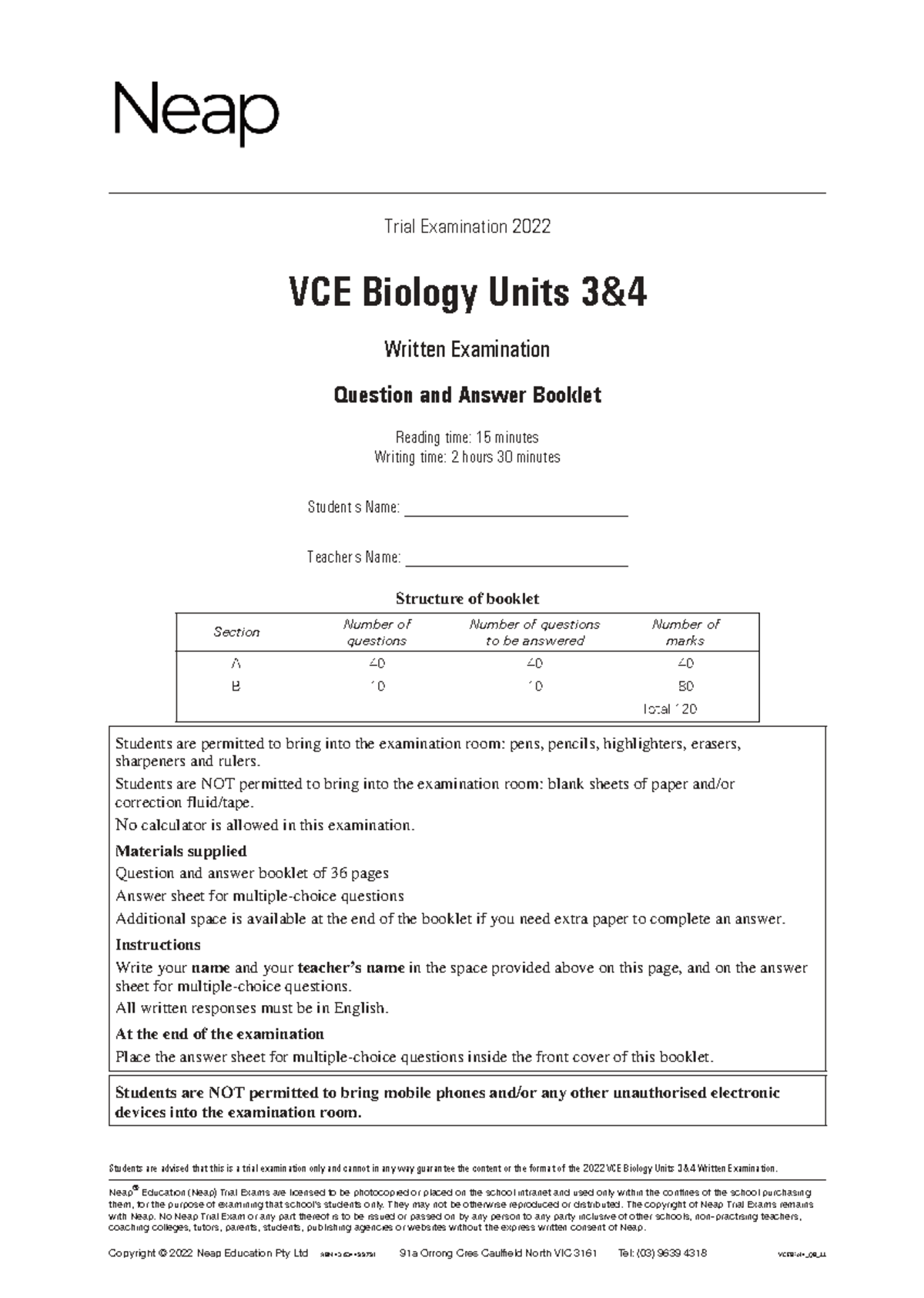 VCE Biology Units 34 Trial Examination Question and Answer Booklet 2022 ...