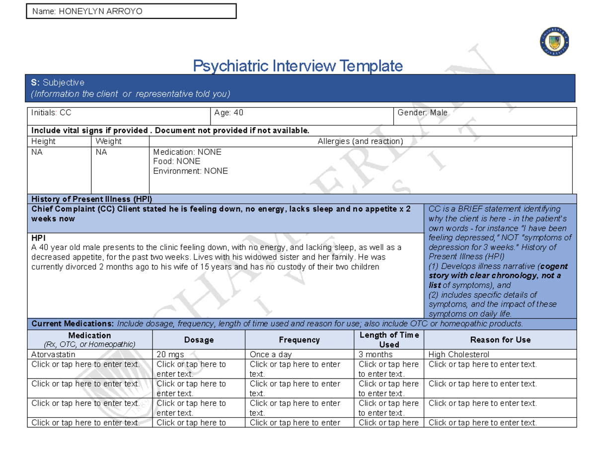 Psychiatric Interview Template - Week 6 NR 548 Assignment - Studocu