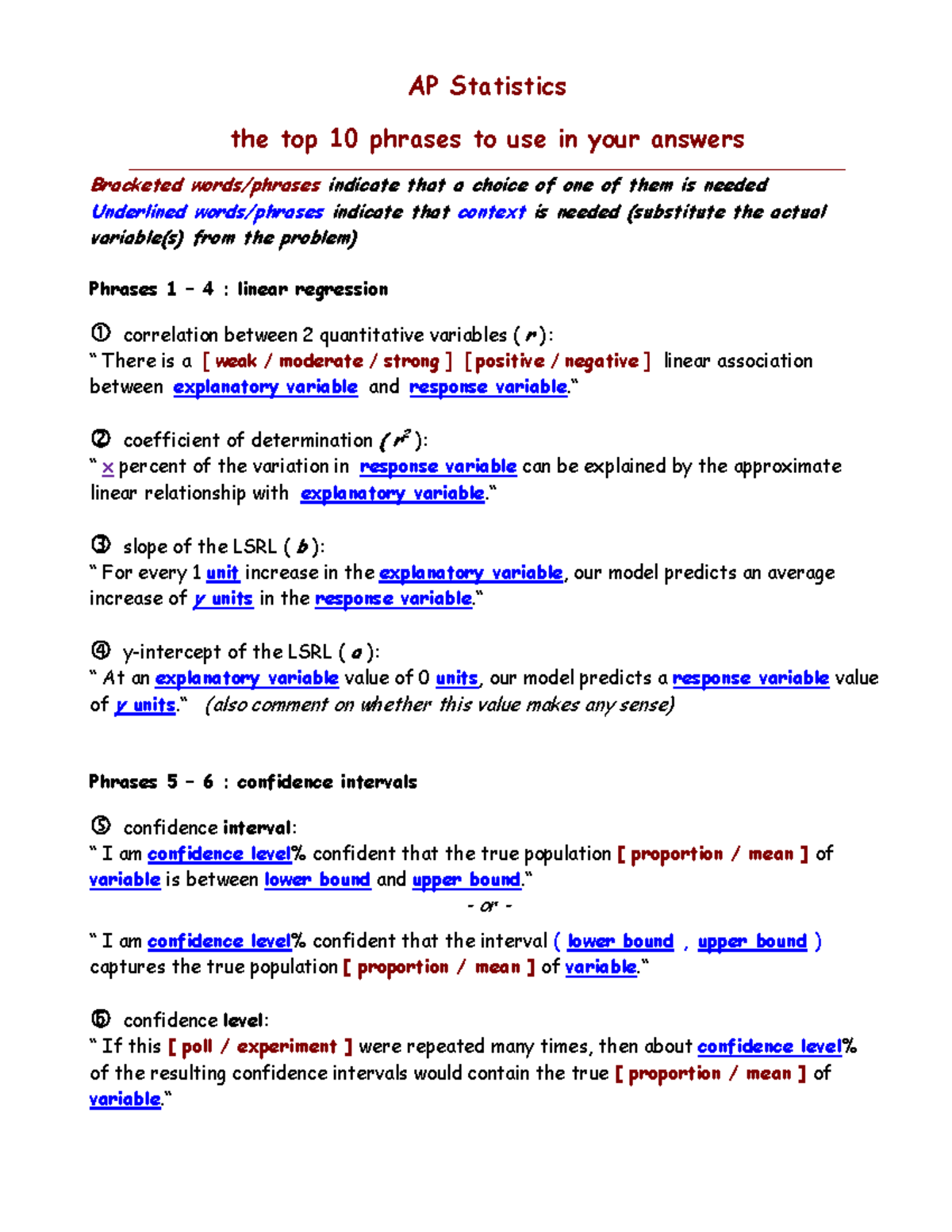 Top 10 phrases to memorize for AP Statistics - AP Statistics the top 10 ...