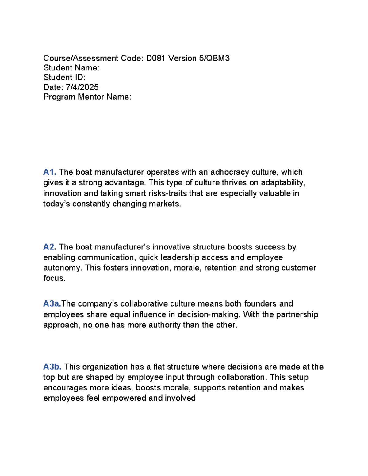 D081 V5-QBM3 Task 1: Analyzing Boat Manufacturer's Culture and ...