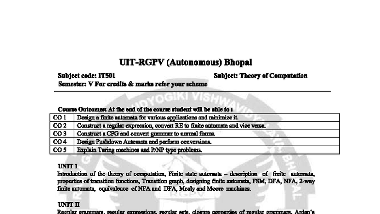 IT501 Theory of Computation Syllabus - Semester V (2024-25) - Studocu