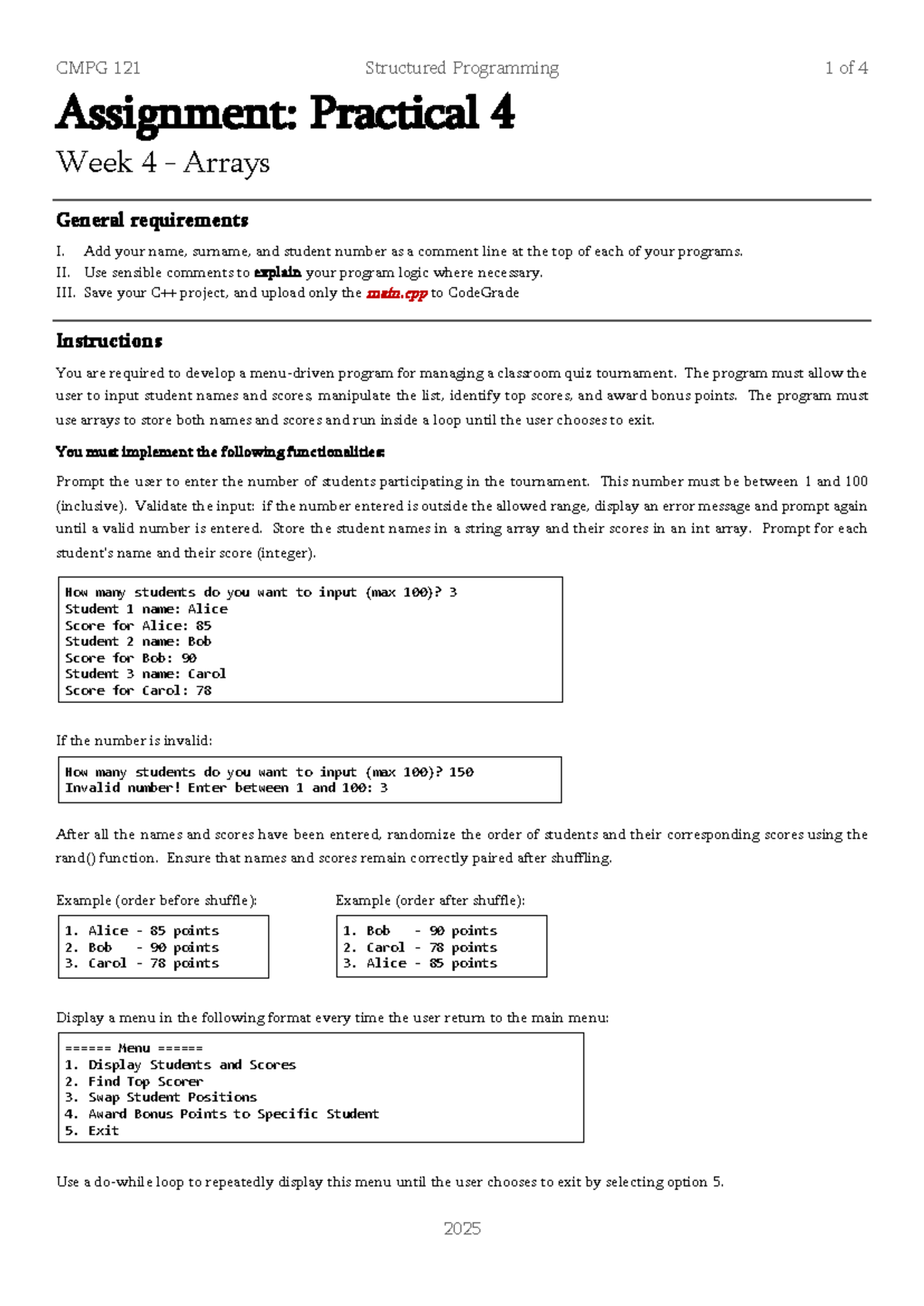 CMPG 121 Practical 4 - Classroom Quiz Tournament Program - Studocu