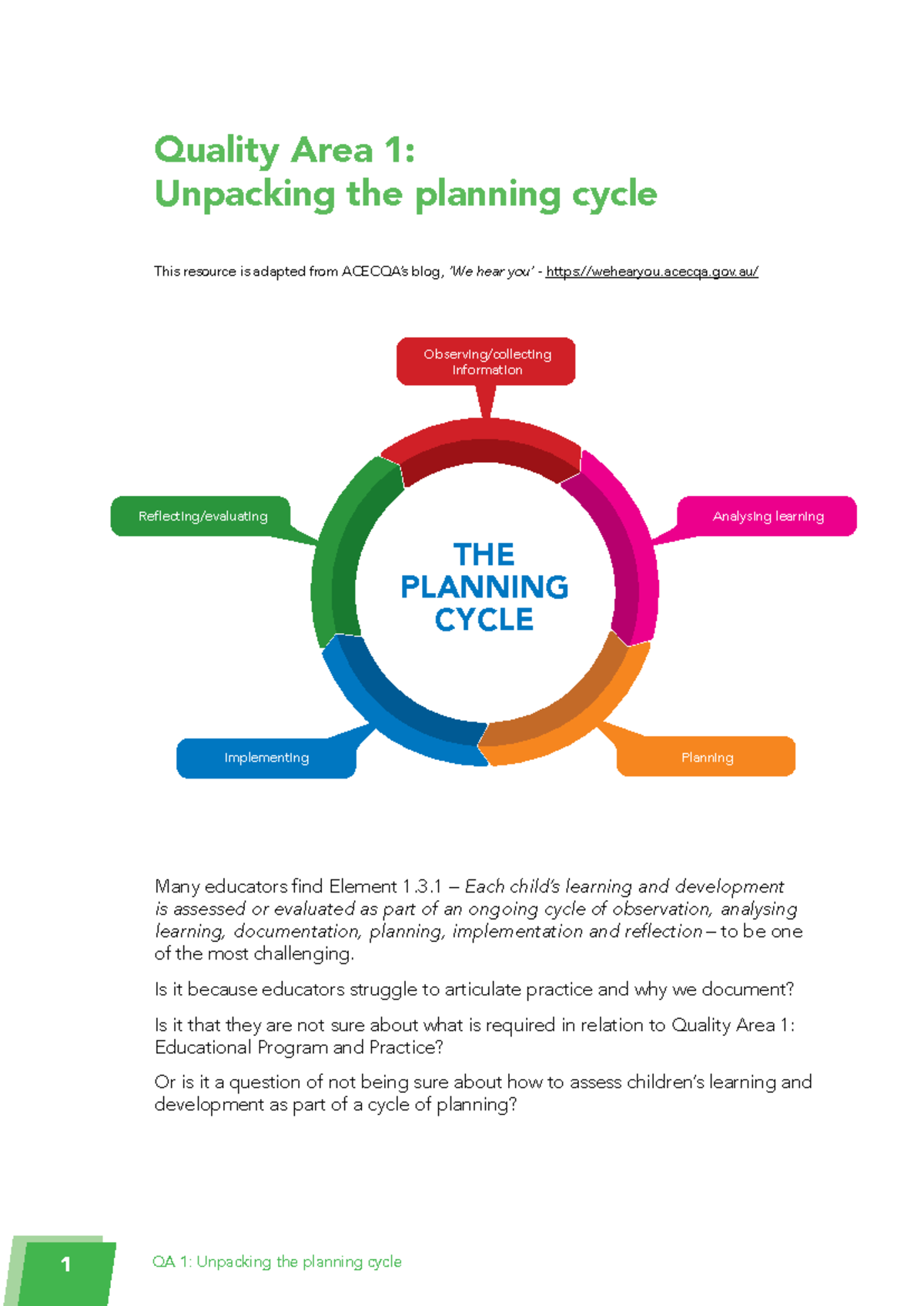 Quality Area 1: Understanding the Planning Cycle for Educators - Studocu