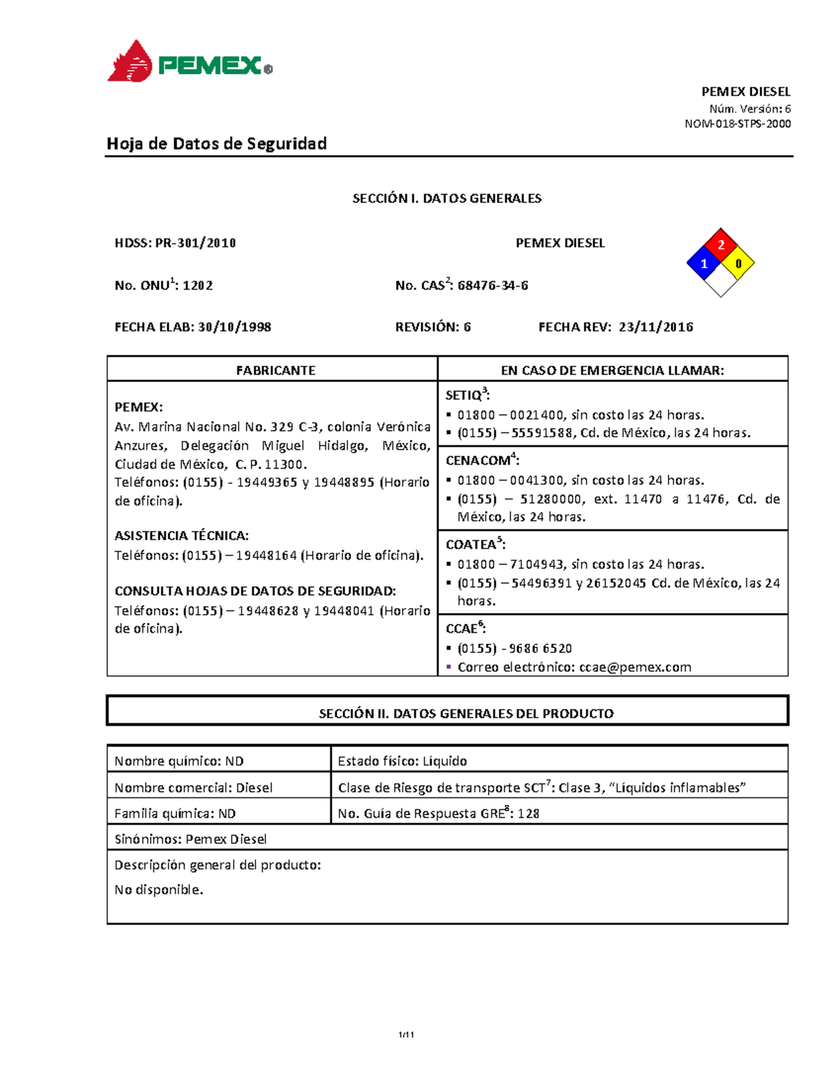 Pemex diesel n 250 m versi 243 n nom 018 stps 2000 hoja de - Núm ...