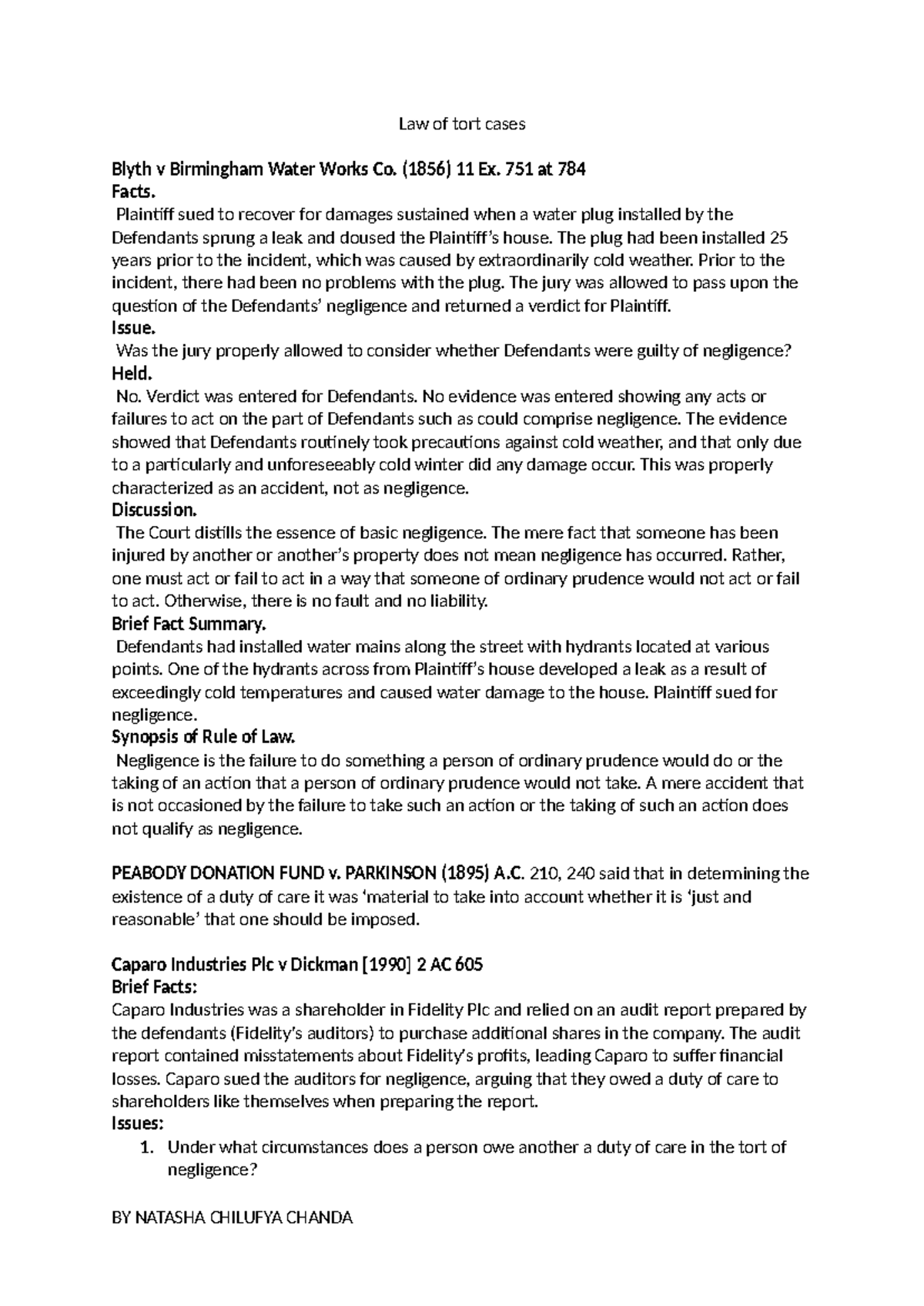 Law of Tort Cases: Key Judgments and Principles (Final Exam) - Studocu