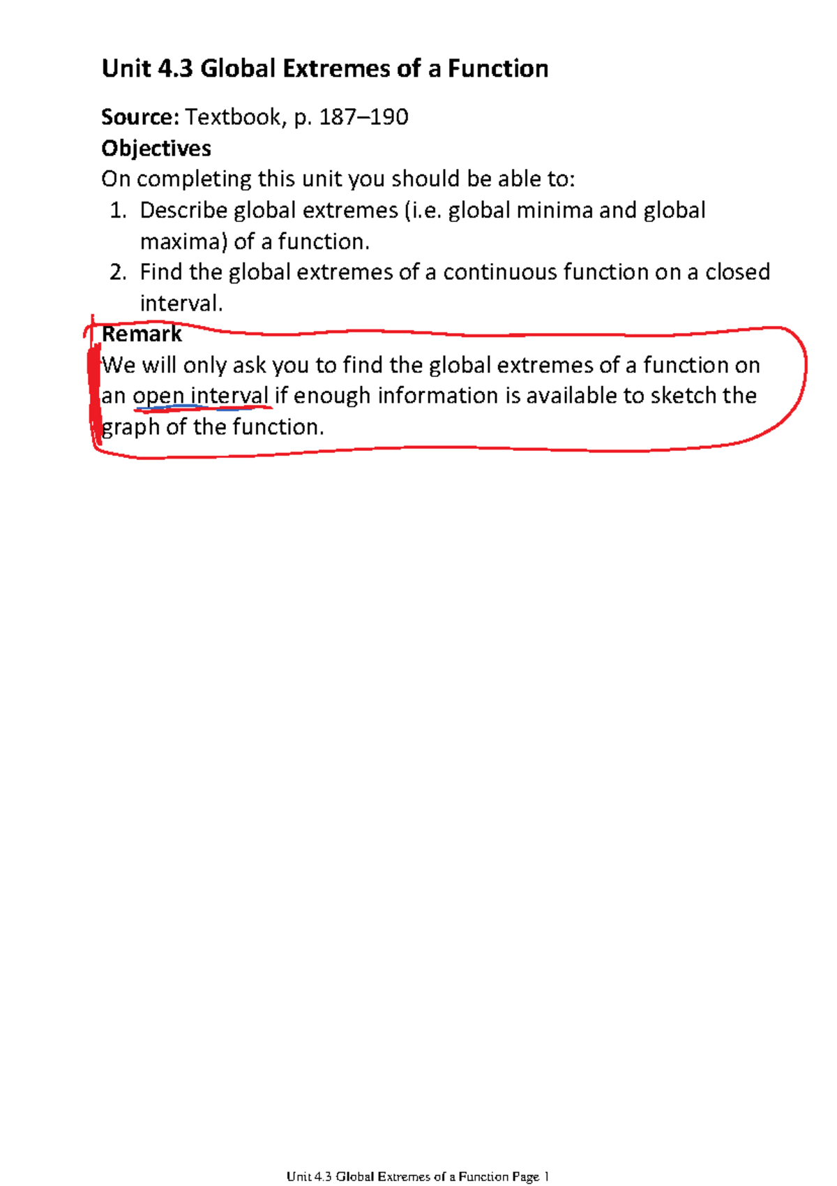 Unit 4.3 Global Extremes of a Function: Annotated Study Guide - Studocu