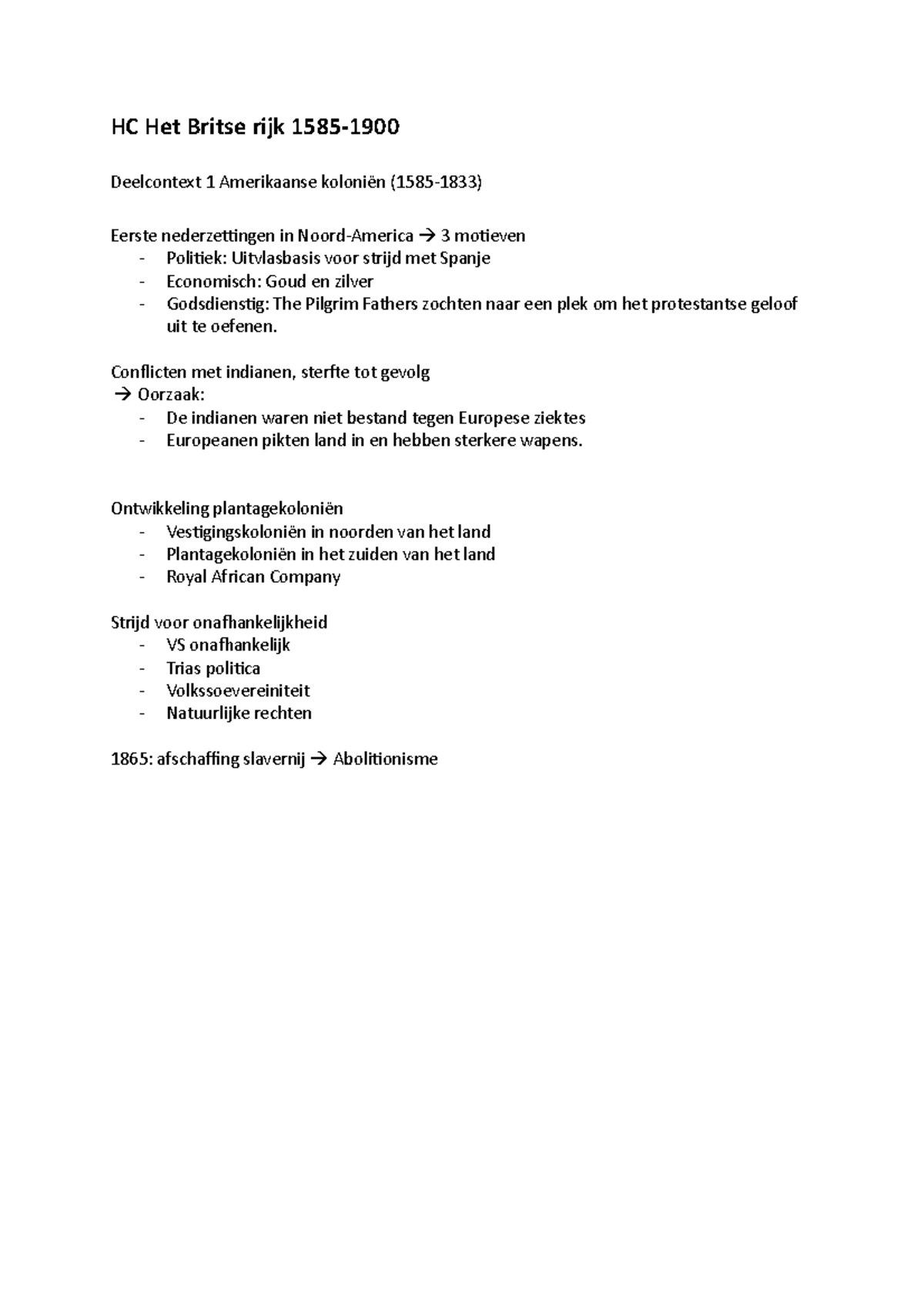 HC Het Britse Rijk: Amerikaanse Koloniën en India (1585-1885) - Studeersnel