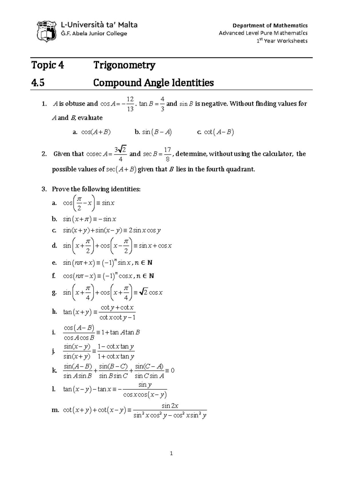 Advanced Level Pure Mathematics (MATH101) Trigonometry: Compound Angles ...