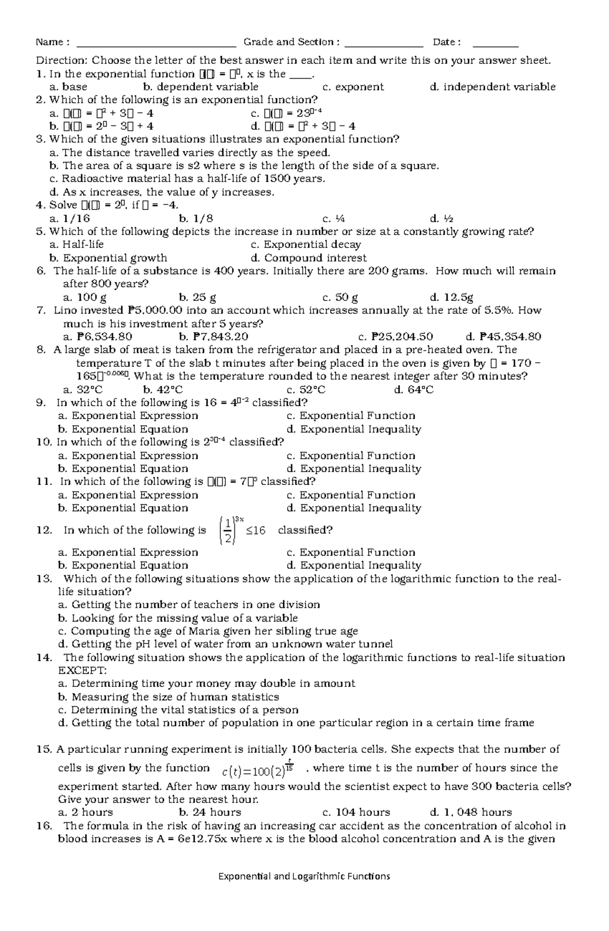 Exponential and Logarithmic Multiple Choice - Name : Grade and Section ...