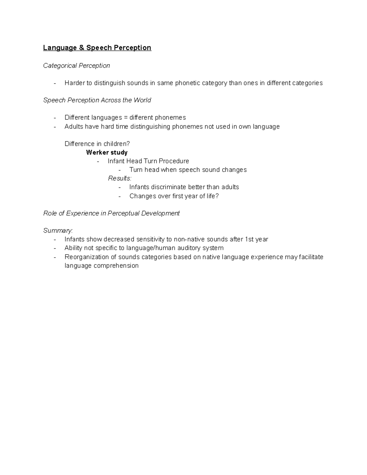 Discussion 3 27 - Lecture notes Language & Speech Perception - Language ...