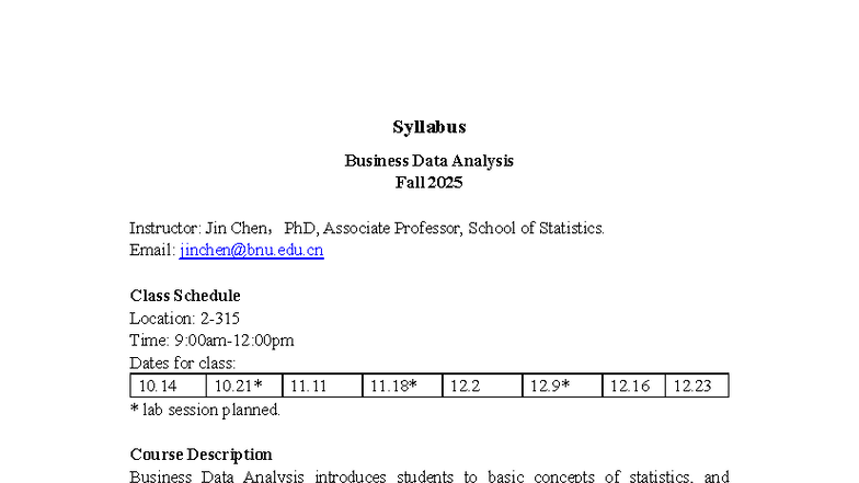 Syllabus for BUS 2025: Business Data Analysis Fall 2025 - Studocu
