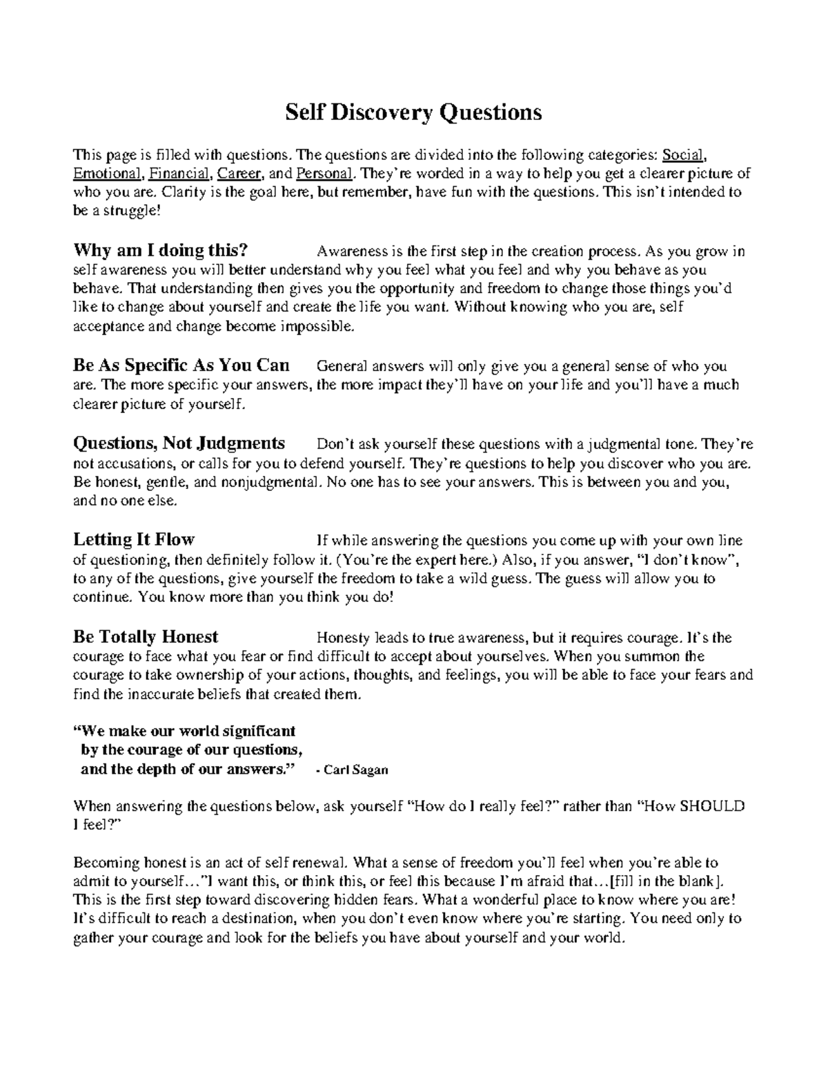 Self Discovery Questions - The questions are divided into the following ...