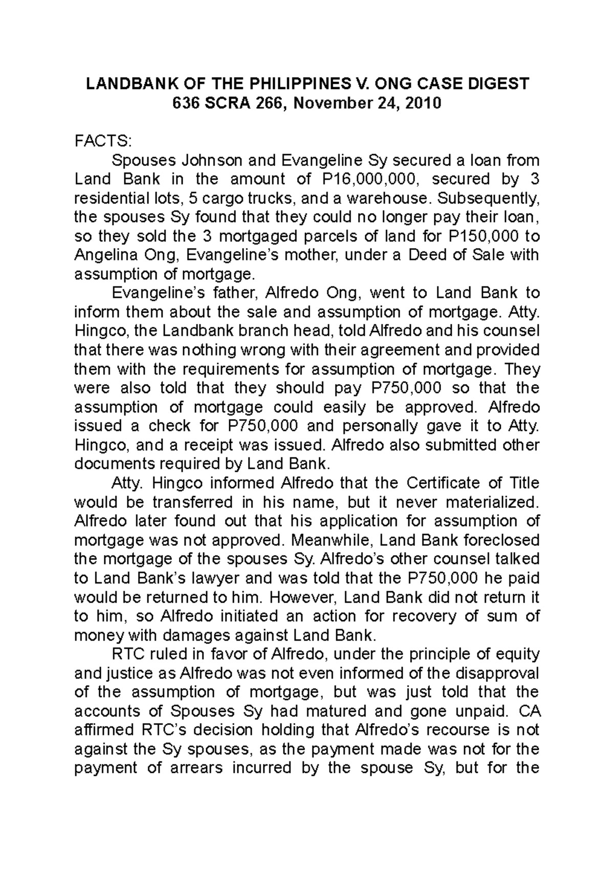 Landbank of the Philippines v. Ong: Case Digest Analysis (636 SCRA 266 ...