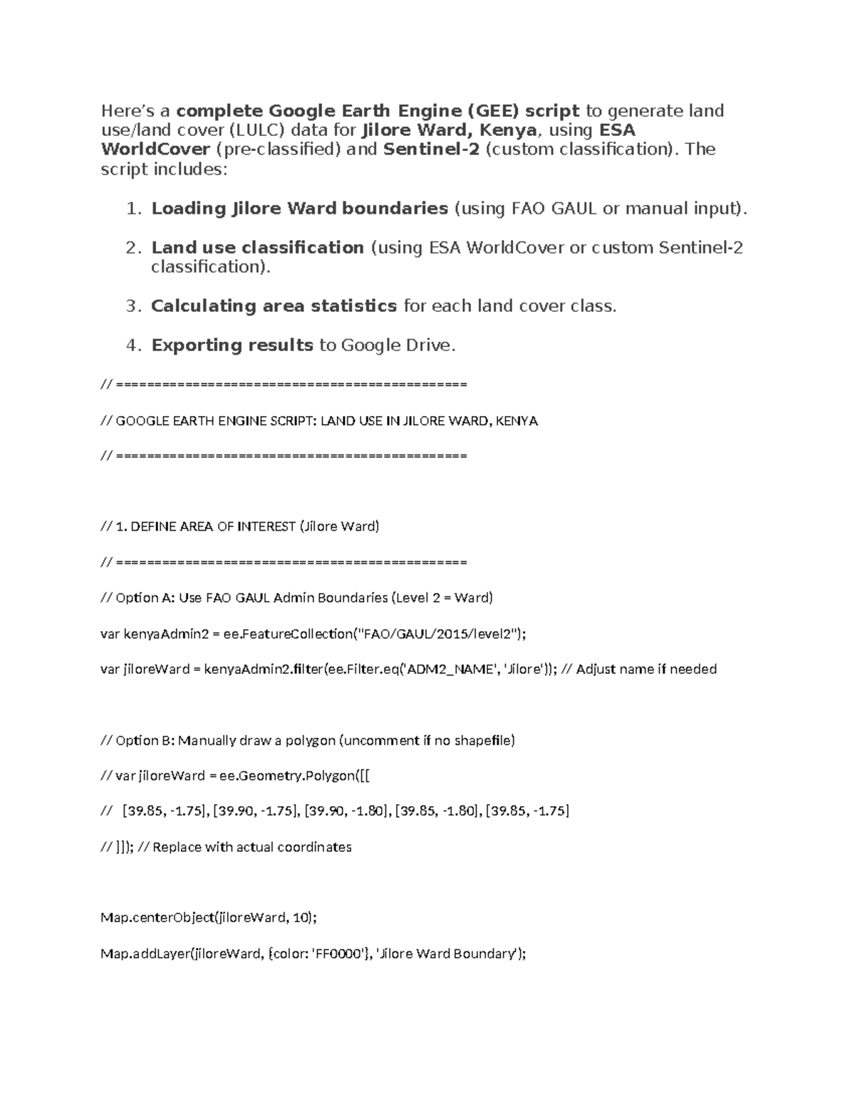 Google Earth Engine GEE script for LULC data in Jilore Ward, Kenya ...