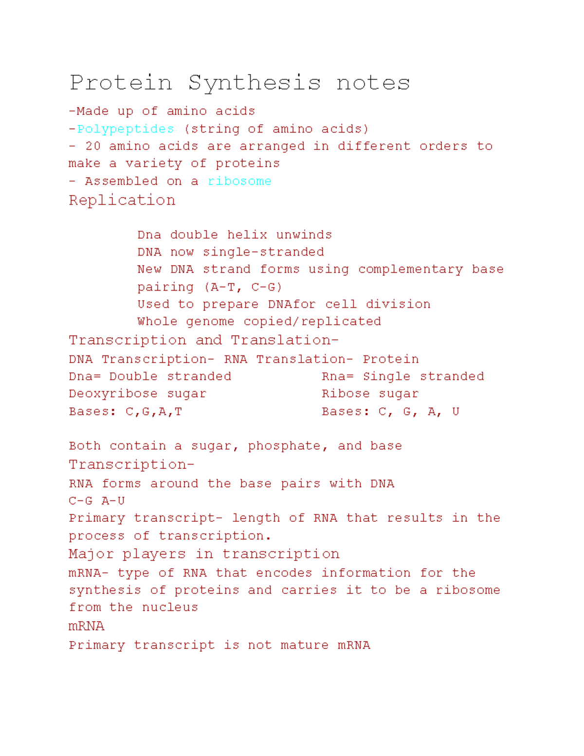 Protein synthesis notes - Protein Synthesis notes -Made up of amino ...