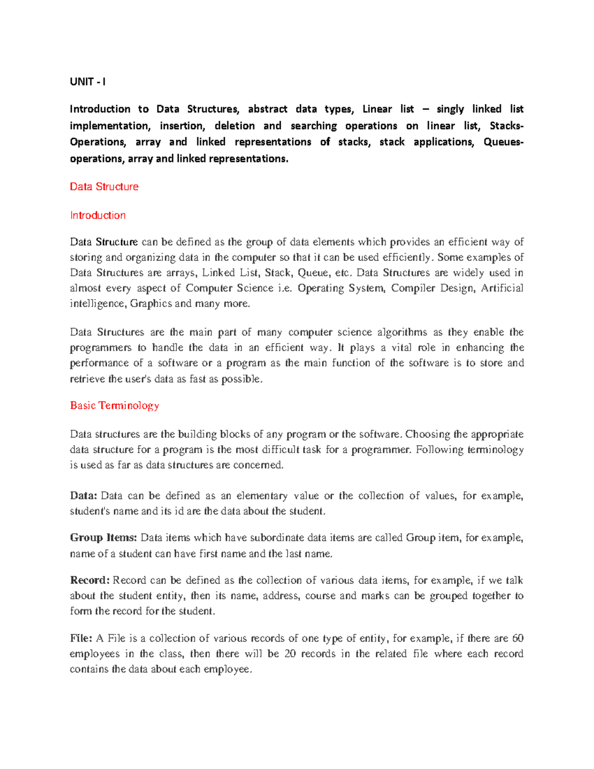 UNIT I - data structure notes r18 jntuh - UNIT - I Introduction to Data ...