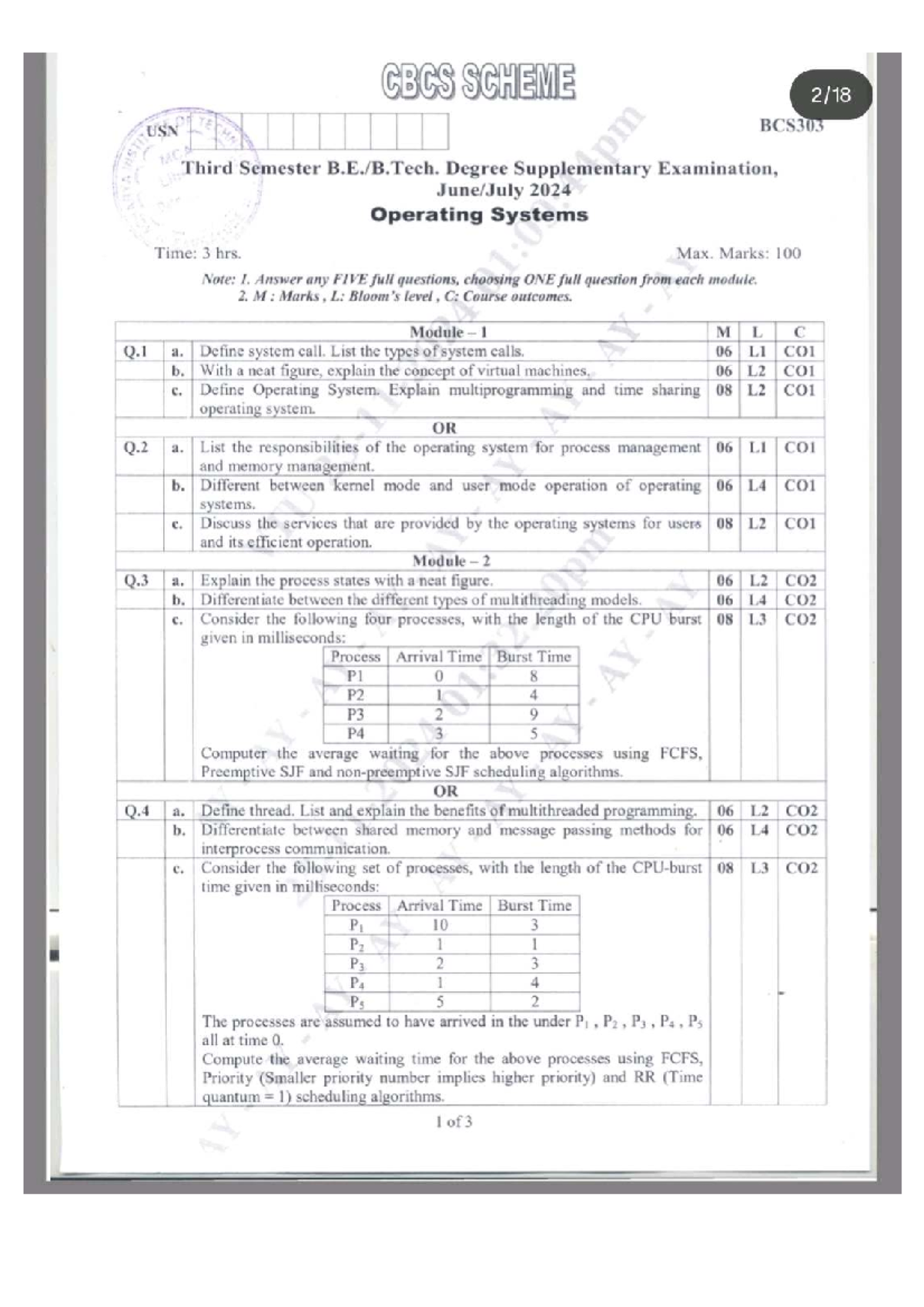 BCS303 Third Semester Operating Systems Previous Year Question Papers ...