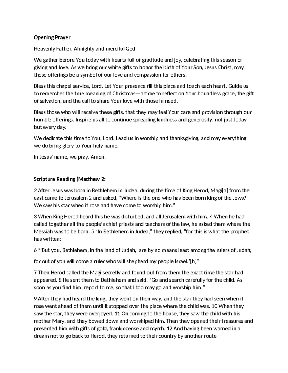 Chapel Service Prayer AND Scripture - Opening Prayer Heavenly Father ...