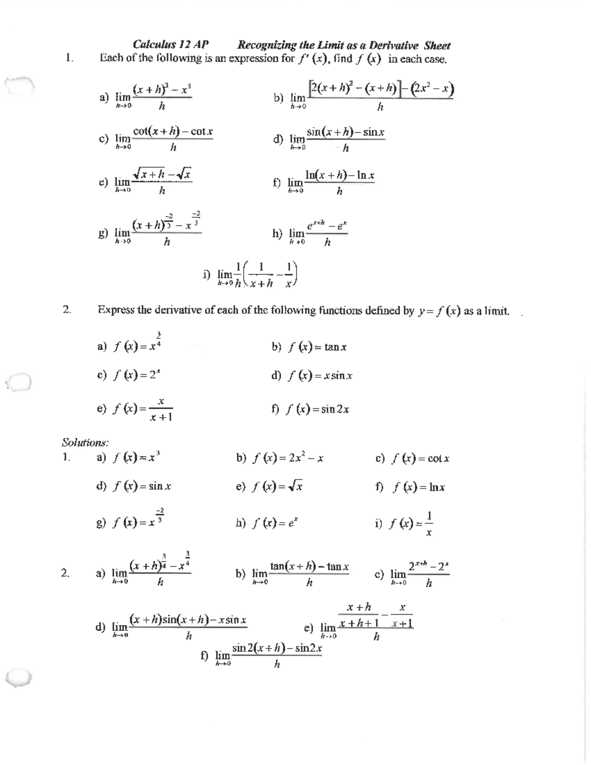 Calculus 12 AP: Recognizing Limits as Derivatives - Practice Sheet 1 ...